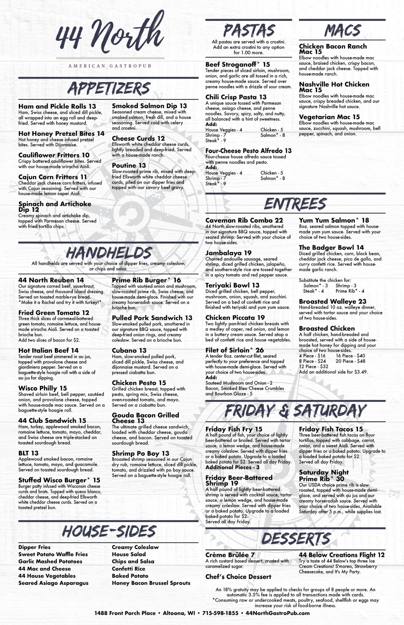 Menu at 44 North American Gastropub and Vs Sports Bar
